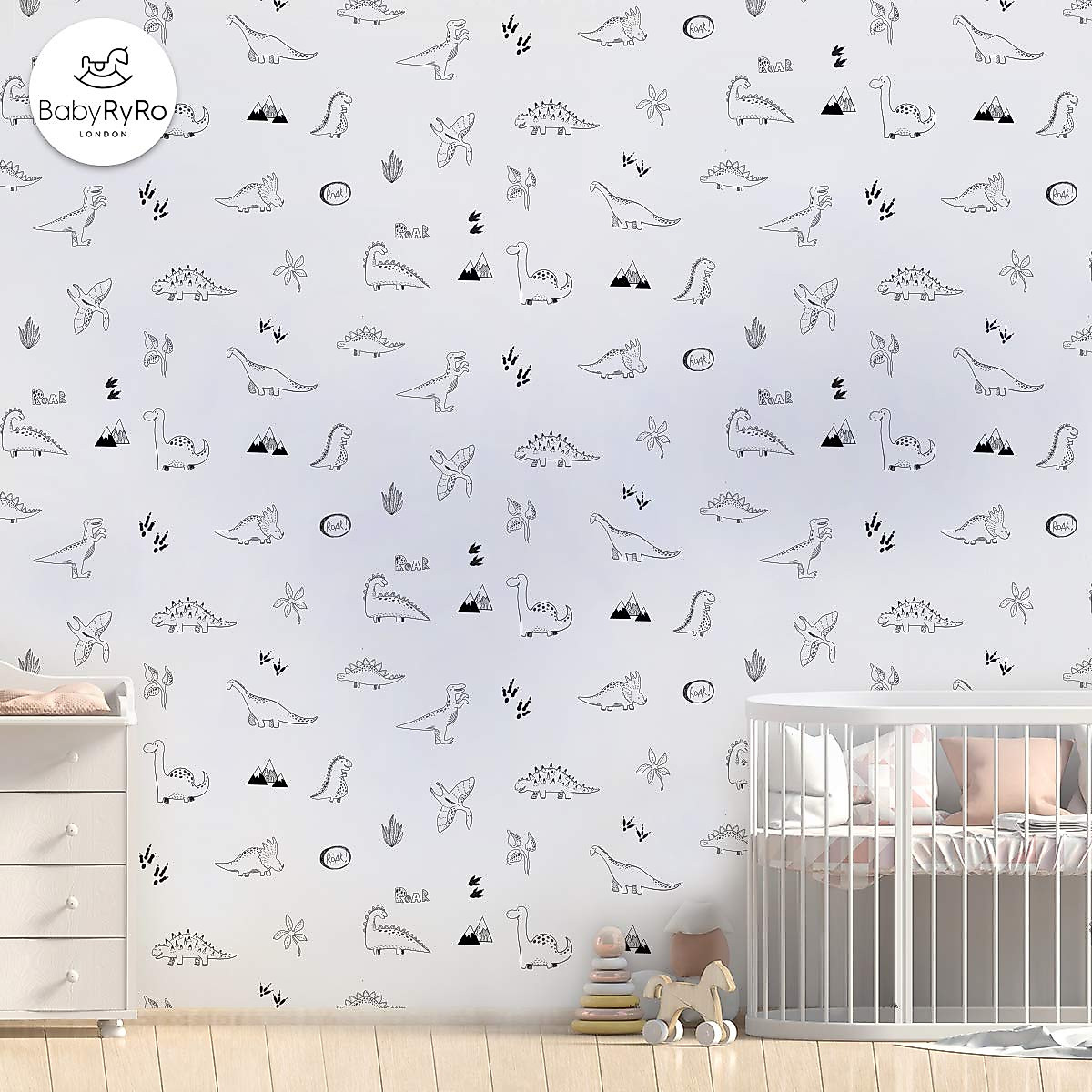 Baby RyRo London Stylish Dinosaur Wall Decals - Charming Baby Room Decor, Dinosaur Wall Decor, Dinosaur Wallpaper, 36 Dino Wall Decals, Peel and Stick Wallpaper, Peel and Stick.