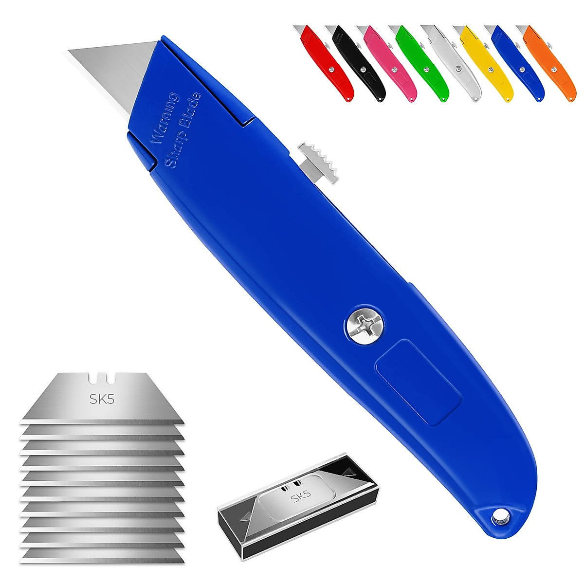 DIYSELF 1 Pack Box Cutter Retractable Heavy Duty with 10 Blades, Razor Blades Utility Knife for Cardboard, Carton, Boxes, Cutter Knife, Exacto Knife Box Knife (Blue)