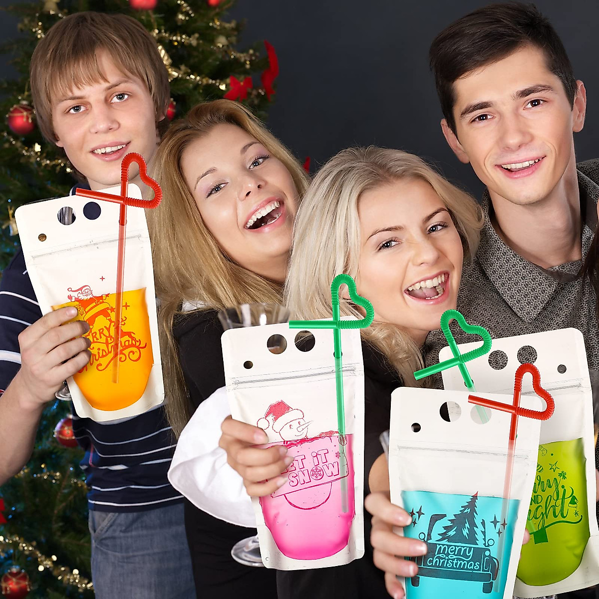 Spiareal 24 Set Christmas Drink Pouches for Adult with Straw, Drink Bags Reclosable Plastic Drink Pouches Xmas Juice Pouch for Christmas Party New Year Beverage Juice Cocktail