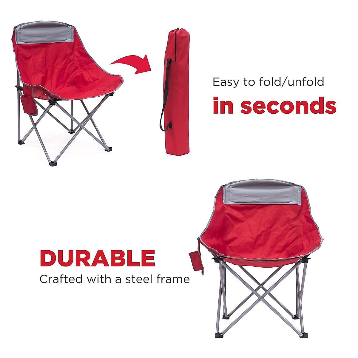 Creative Outdoor Folding Camping Bucket Moon Chair with Side Storage Pocket, Red