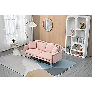FULife 65" Mid Century Modern Velvet Upholstered Futon Sofa Split Back Loveseat Convertible Sleeper Couch Bed Daybed,Folding Recliner with Armrest&2 Pillows for Living Room/Compact Space, Pink