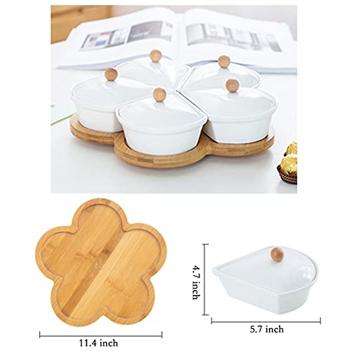 WMM 11 Inch Ceramic Divided Serving Dishes with Bamboo Tray and Lids, 5 Removable Snack Bowls Relish Tray for Candy, Nut, Fruits, Chips and Dip