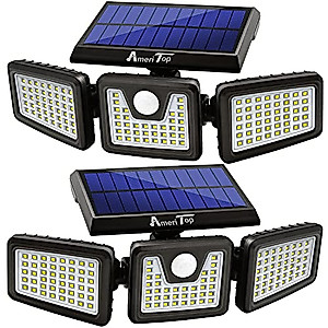 AmeriTop Solar Lights Outdoor, 2 Pack 128 High Brightness LED Cordless Solar Motion Sensor Lights; 3 Adjustable Heads, 270°Wide Angle Illumination, IP65 Waterproof, Security LED Flood Light(Daylight)