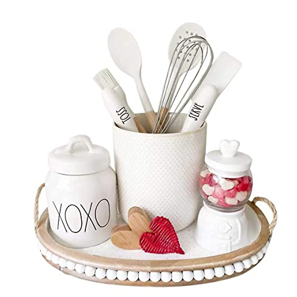 Lavender Inspired Rustic Farmhouse Wooden Beaded Serving Tray with Handles for Coffee Bar, Kitchen . Farmhouse Style Distressed Wooden Tray for Home Bathroom & Kitchen Table Decor, Two Sizes.(M)