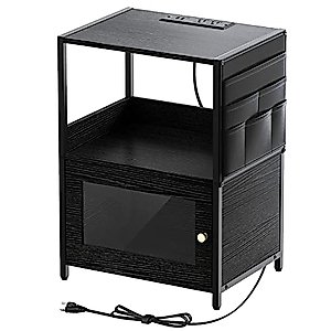 SAUCE ZHAN End Table with Charging Station, Nightstand with USB Ports and Outlets, Fabric Bags, Bedside Table for Small Space Side Table with Storage Drawer for Living Room, Bedroom, Office, Black