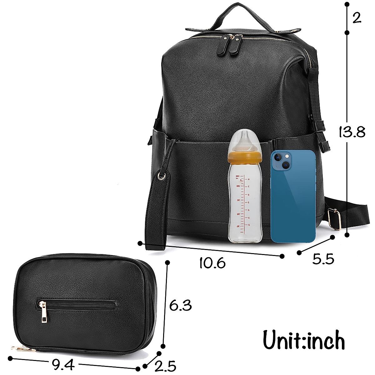 Diaper Bag Backpack for Mom Pu Leather Waterproof Multifunctional Large Capacity Travel Baby Bag with Changing Pad for Boy Girl Stroller Straps 2pcs Black