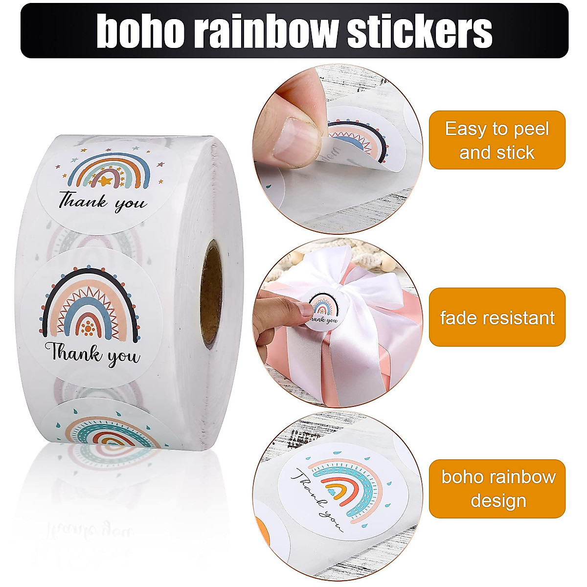Outus 1000 Pieces Rainbow Thank You Label Stickers 1.5 Inch Round Thanks You Stickers Boho Adhesive Business Label Envelope Seals Rolls for Card Box Packing Gifts Bag, 8 Styles
