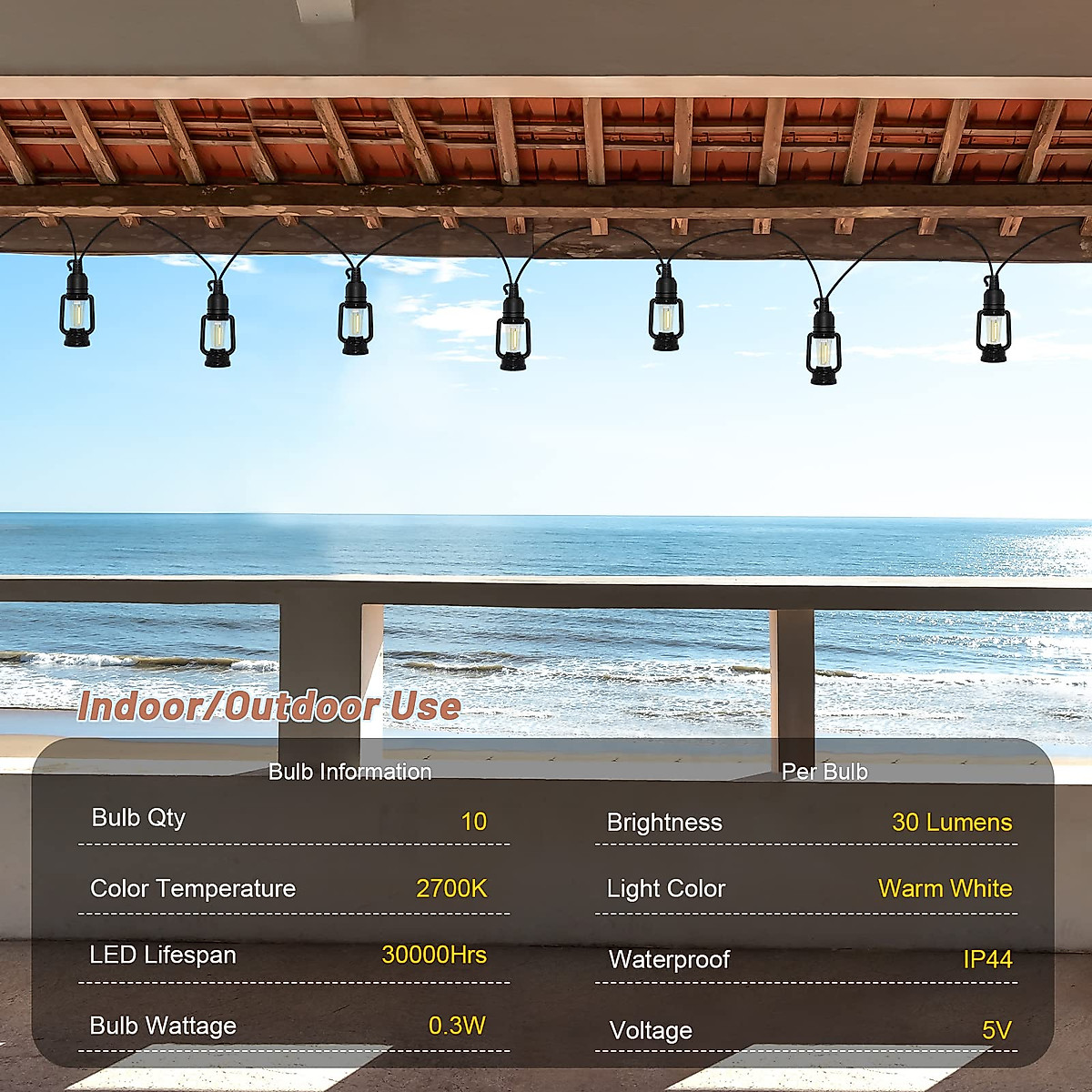 B&D Lantern String Lights Patio Lights, 25FT 2700K Mini Kerosene Lamp Appearance String Lights with 10 Shatterproof Plastic Bulbs, Waterproof ETL Listed String Lights for Outside Garden Wedding