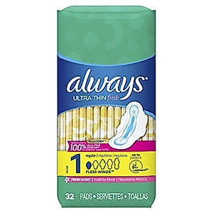 Always Ultra Thin Pads Size 1 Regular Absorbency Scented with Wings, 32 Count (Pack of 2), Packaging may vary