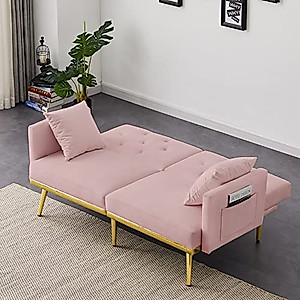 Antetek Convertible Futon Sofa Bed, 59-inch Modern Velvet Sleeper Sofa Small Loveseat with Two Pillows, 3 Adjustable Positions and 6 Golden Metal Legs Furniture for Living Room and Bedroom, Pink
