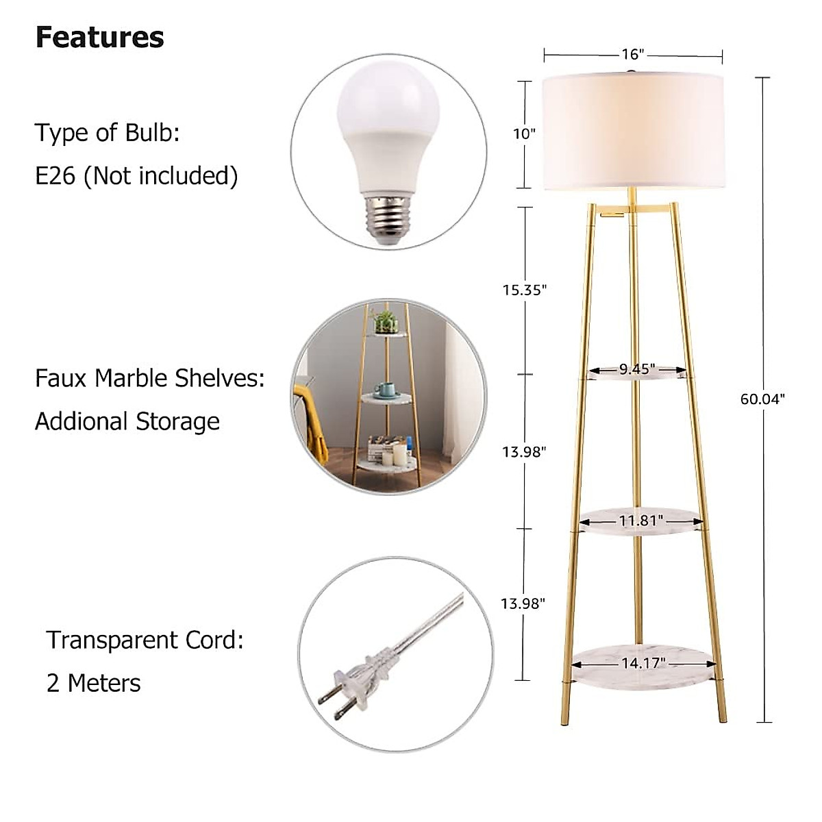 ROSEN GARDEN Floor Lamp, Standing Reading Light with Faux Marble Shelves and Fabric Shade, Modern Tall Pole, Accent Furniture Décor Lighting for Living Room, Bedrooms