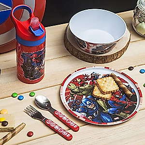 zak! Marvel Universe - 5-Piece Dinnerware Set - Durable Plastic & Stainless Steel - Includes Water Bottle, 8-Inch Plate, 6-Inch Bowl, Fork & Spoon - Suitable for Kids Ages 3+