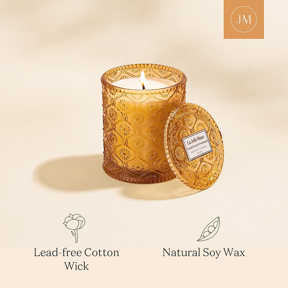 LA JOLIE MUSE Sandalwood Scented Candle, Santal Himalayen Candle, Candles Gift for Women, Decorative Candles for Home Scented, Soy Candle 6 Oz 40 Hours Burn