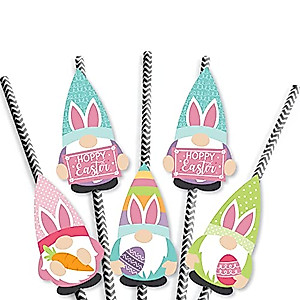 Big Dot of Happiness Easter Gnomes - Paper Straw Decor - Spring Bunny Party Striped Decorative Straws - Set of 24