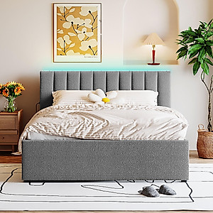 Brisca Queen Size Teddy Fleece Upholstered Platform Bed with Trundle and LED Light,Bed Frame W/Stripe Headboard,for Bedroom,Apartment,Guest Room,Gray