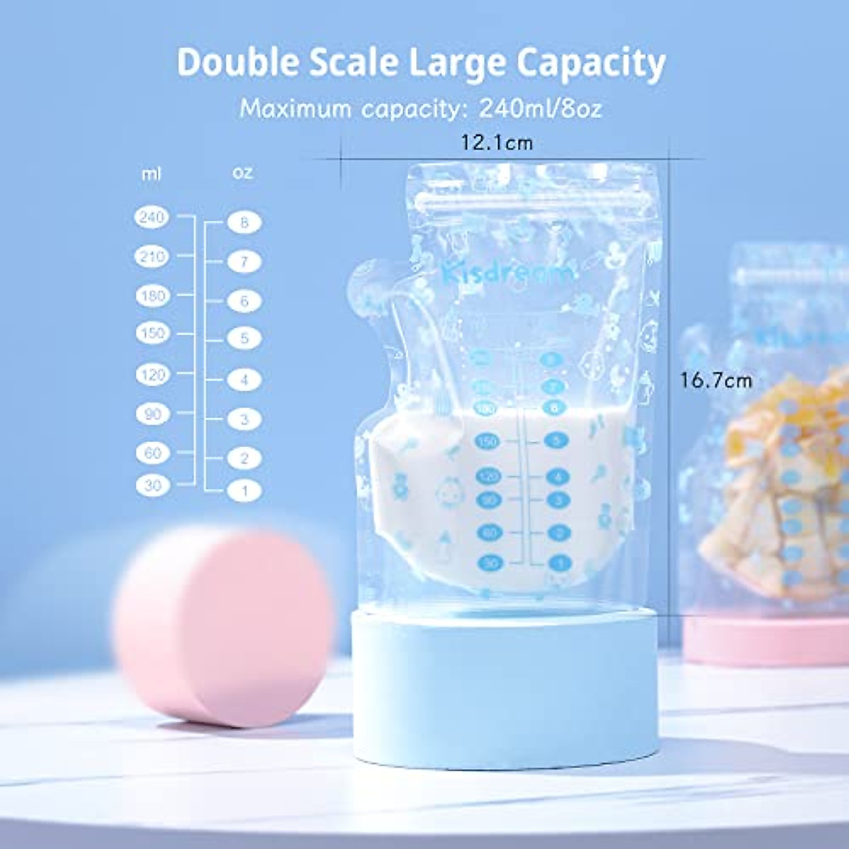 Breastmilk Storage Bags & Container Spout & Thickened Design with Large Capacity 8 OZ, 100 Count Storage Milk Bags for Easy Labeling, Space Saving & Pre-Sterilized Without BPA