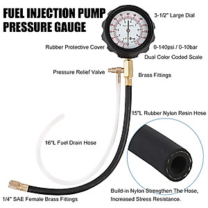 JIFETOR Fuel Injection Pump Pressure Test Gauge Set, Automotive Gas Gasoline Fuel Oil Injector Tester Tool Kit 0-140PSI, with Schrader Adapters Universal Compatible with Ford Auto Car Truck Motorcycle