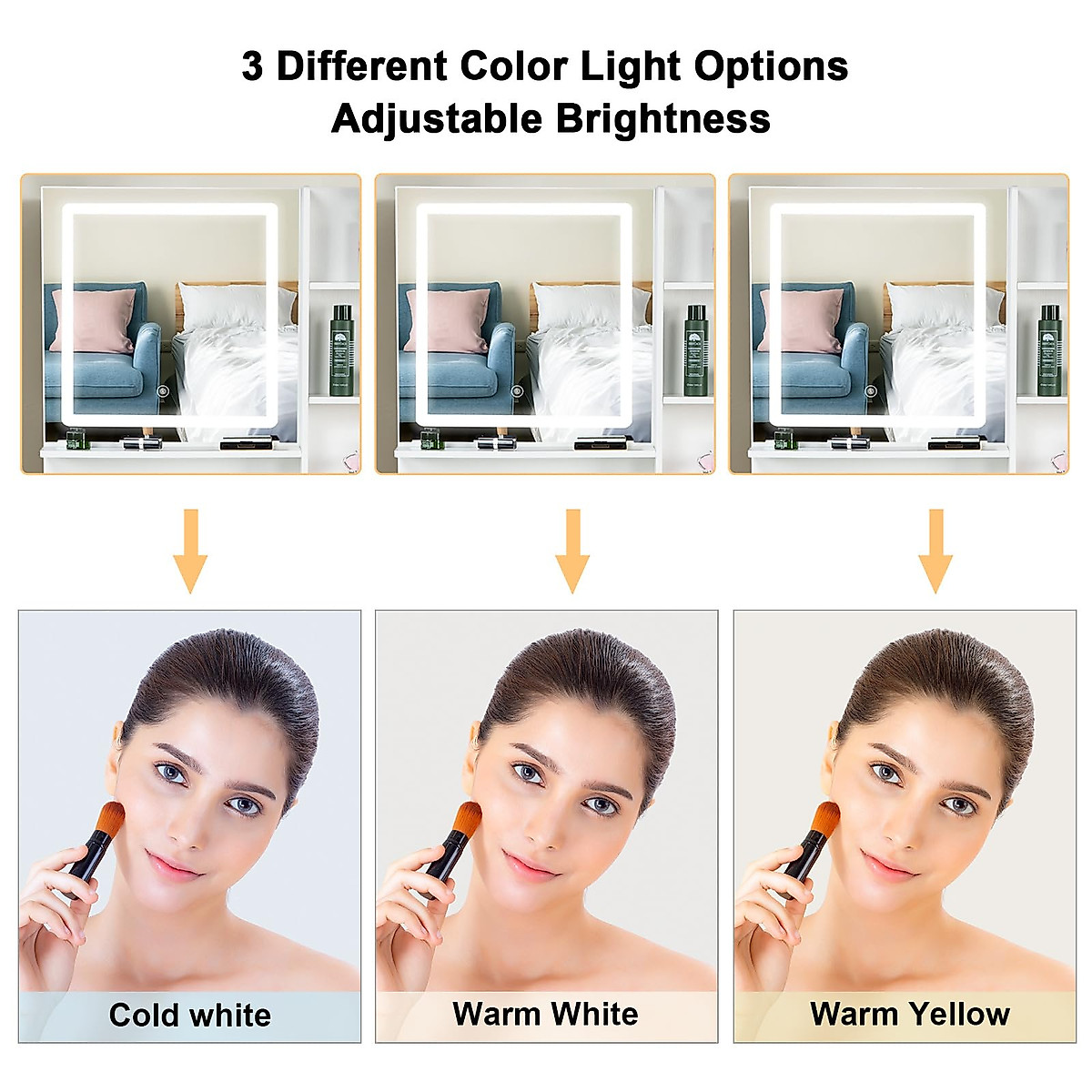 Lucaseone Vanity Table with Lighted Mirror, Makeup Vanity with Lights and Drawers, Vanity Desk Dressing Table with Cushioned Stool for Bedroom (3080 LED White)