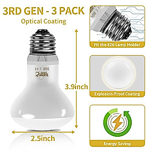 LUCKY HERP New Upgrade 3 Pack 50W Reptile Heat Lamp Bulb (3nd Gen, Safer), Amphibian UVA Heat Light Bulb, Reptile Basking Daylight Spot Lamp Bulb for Bearded Dragon, Lizard, Tortoise Heating Use