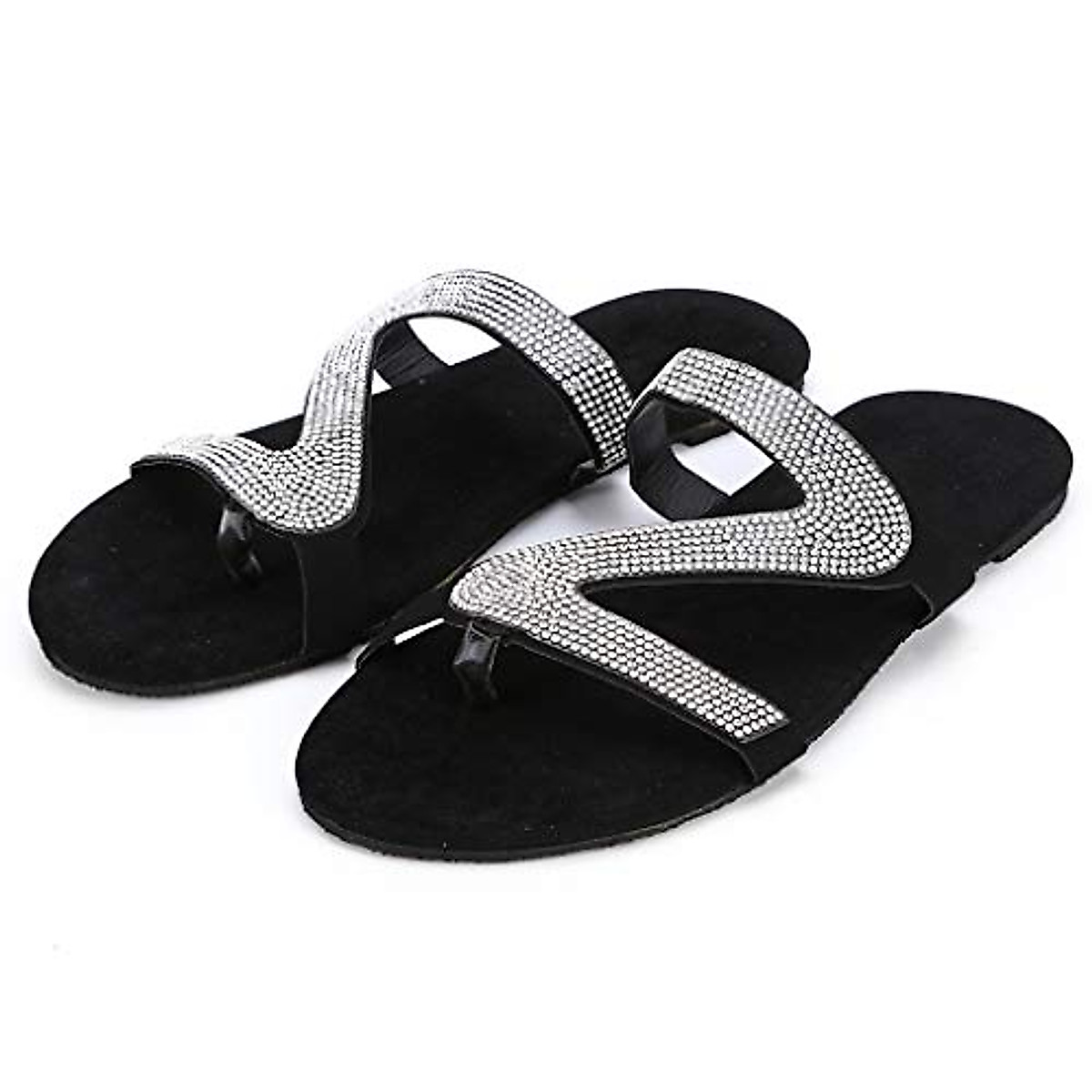 POTO Sandals for Women Casual Summer Rhinestone Glitter Flat Sandals Slide Sandal Roman Shoes Beach Flip Flops Slippers Silver