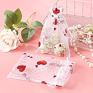 ENNIYU 100PCS Heart Organza Bags, 4x6 Wedding Favor Bags with Drawstring, Premium Mesh Jewelry Gift Bags for Valentines Candy Bags