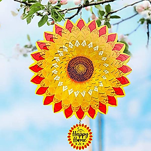 Wind Spinners for Yard and Garden - 12 inches Large - 3D Reflective Stainless Steel Hanging Wind Spinners - Home or Outdoor Decor - Kinetic Metal Art Design - Ideal for Gifts (12 Inches, Sunflower)