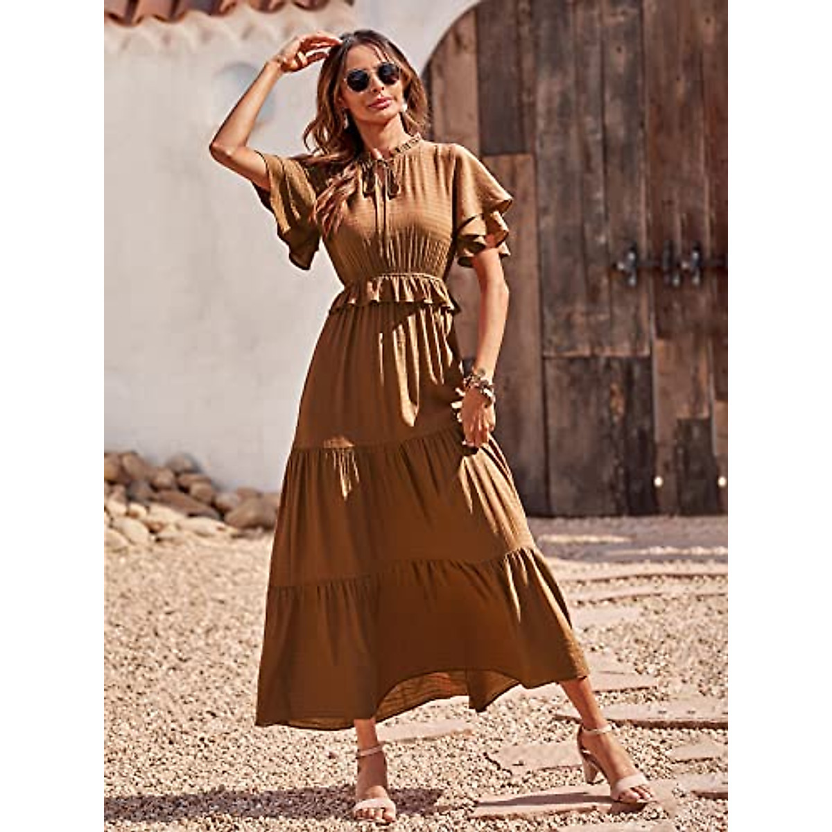 PRETTYGARDEN Womens Summer Boho Maxi Dress Short Sleeve V Neck Ruffle Trim High Waisted Tiered Party Flowy Long Dresses 2023 (Coffee, Large)
