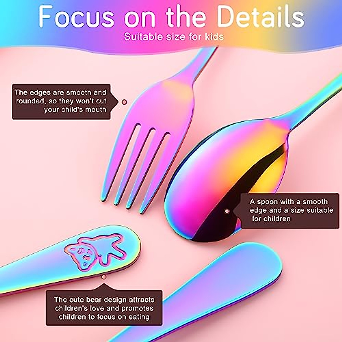 Dandat 36 Pcs Stainless Steel Toddler Utensils, Rainbow Kids Silverware Set Includes Small Kids Spoons and Forks, Metal Kids Cutlery Set, Child Safe Flatware, Dishwasher Safe (UV Rainbow)