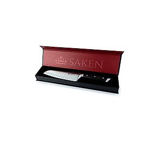SAKEN Santoku Knife - 7-Inch Japanese Chef Knife with High-Carbon German Steel Blade, Granton Edge, and Ergonomic Handle - Multipurpose Kitchen Knife for Mincing, Slicing, and Dicing
