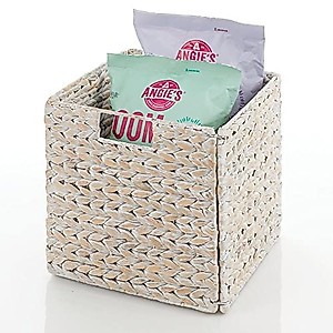 mDesign Natural Woven Hyacinth Cube Storage Bin Basket Organizer with Handles for Kitchen Pantry, Cabinet, Cupboard, Shelf/Cubby Organization, Hold Food, Drinks, Snacks, Appliances, 4 Pack, White Wash