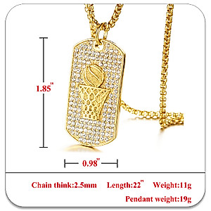 PEAS 18K Gold Plated Jewelry Basketball Hoop Dog Tag Pendant Iced Out Crystal Necklace,22" Box Chain