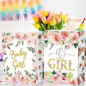 16 Pack Baby Shower Party Favor Bags Baby Shower Party Favors Baby Girl Treat Bags Floral Theme Pink Candy Goodie Bags Kraft Wrap Bags with Handles for Girls Baby Shower Party Decorations Supplies