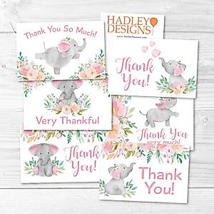 Hadley Designs 24 Pink Floral Elephant Baby Shower Thank You Cards With Envelopes, Kids Thank You Note, Vintage Animal 4x6 Varied Gratitude Card Pack For Party, Modern Event Stationery