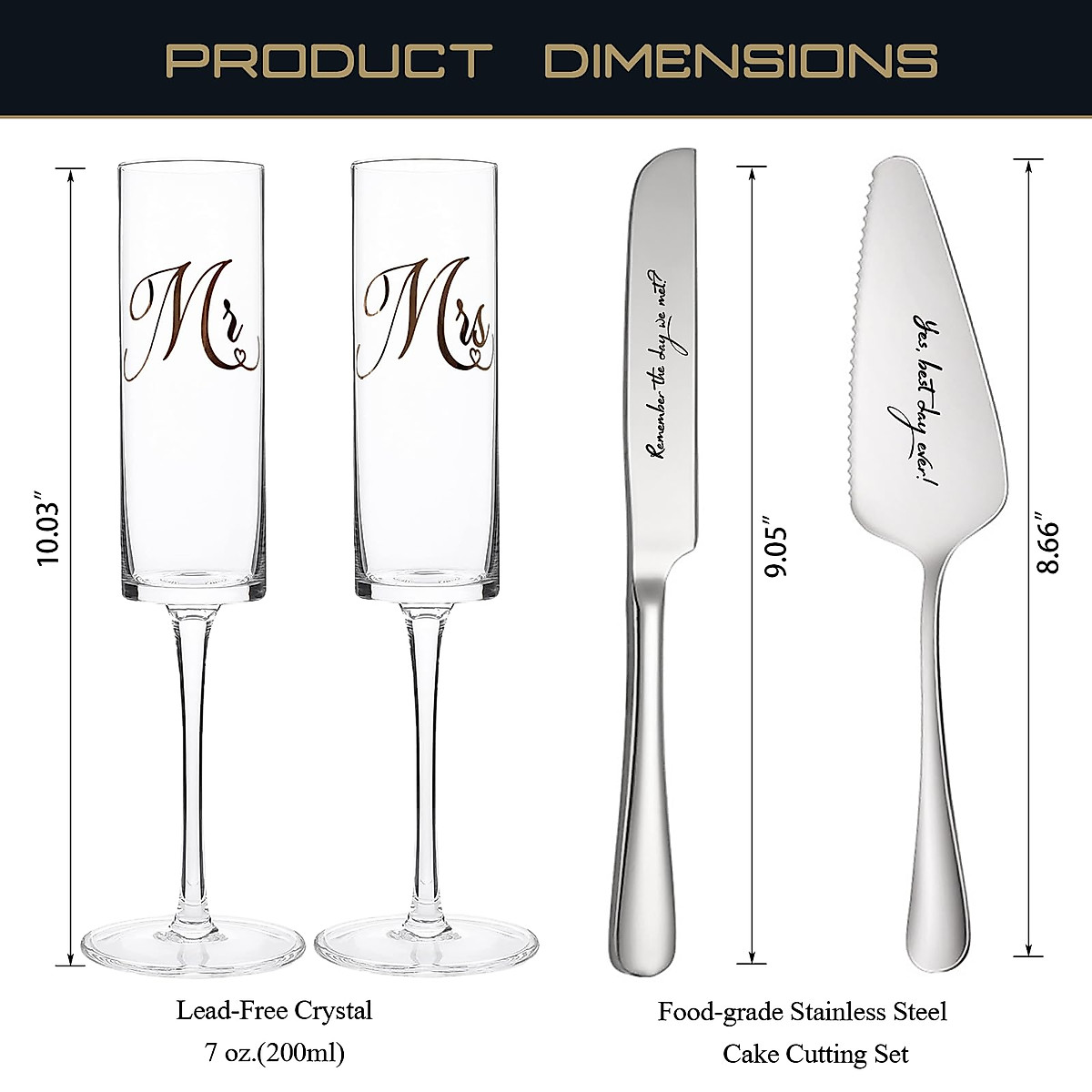 Yeegook Wedding Gifts for Bride and Groom, Mr and Mrs Champagne Flutes, Bridal Shower Gifts, Engagement Gift, Wedding Toasting Glasses with Cake Cutting Set for Wedding Anniversary Engagement