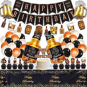 Whiskey Birthday Party Decorations for Men Aged to Perfection Party Supplies Include Birthday Banner Whiskey Garland Tablecloth Cake Toppers Foil Balloons for Whiskey Party Decorations for Dad Daddy