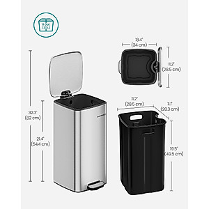SONGMICS Kitchen Trash Can, 8-Gallon (30 L) Trash Bin, Stainless Steel Garbage Can, with Inner Bucket, Soft Close and Stays Open, Metallic Silver ULTB593E01