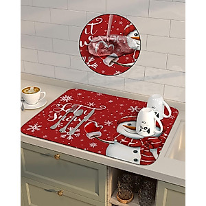 Hokiten Red Christmas Snowman Dish Drying Mat for Kitchen Counter, Merry Christmas Absorbent Coffee Mat/Dish Drainer, Xmas Winter Snowflake Quick Drying & Non-slip Rubber Backed Drying Mat 12"W x 16"L