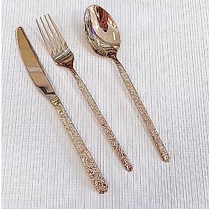 Silverware Set Flatware Rose Gold Hammered Cutlery Utensil Food-Grade Stainless Steel，Home Restaurant Small Business,Mirror Finish Tableware 24 Piece Service for 6