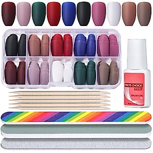 Press On Nails Medium Length, HNYYZL Coffin Matte Fake Nails Full Cover, 10 Solid Colors Short Ballerina Press On Nails, 10 Packs Acyclic False Nails Tips Set with Nail Glue, Nail File for Nail Art