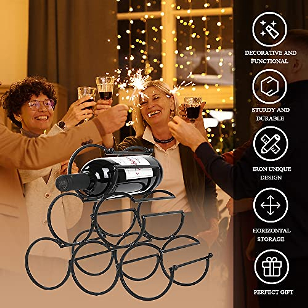 JHY DESIGN Iron Tabletop Wine Rack 11.5''x6''x10.5'' Rustic Wine Bottle Rack Storage Wine Shelf Freestanding Wine Holder Portable Wine Cabinet Mini Bar for Home Counter(6 Bottles Design Dia 3.5inch)