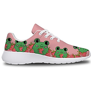 Pink Cute Strawberry Frog Sneakers for Women Girl,Personalized Lightweight Soft Tennis Running Shoes Gifts for Ladies Sister,US Size 9 Women/7.5 Men