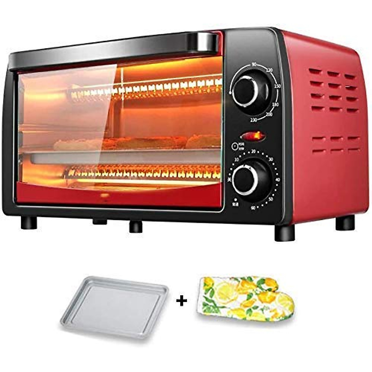 Mini Oven Toaster Electric Small Oven Tempered Glass Door Removable Crumb Tray Insulated Handle with Insulated Gloves and Baking Tray 12L Mini Ovens Happy Life