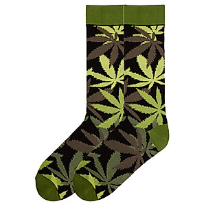 K. Bell Men's The Outdoors Novelty Crew Socks, Cannabis (Green), Shoe Size: 6-12