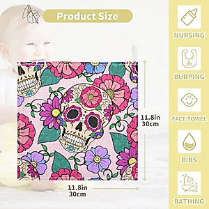 CUPADA 3 Pack Sugar Skulls Floral Baby Muslin Washcloths, Pink Halloween Face Towel Burp Cloths Ultra Soft Absorbent Cotton Bath Wipes Towels for Newborn Boys Girls