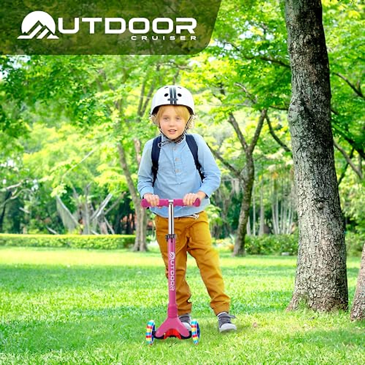 Outdoor Cruiser 3-Wheel Kids Scooter – with Lean-to-Steer Technology, Wide Deck, Led Lighted Wheel, 4-Level Adjustable Height T-bar Handle, Support Kids Up to 150 Lbs, for Boys & Girls Ages 3-8, Pink