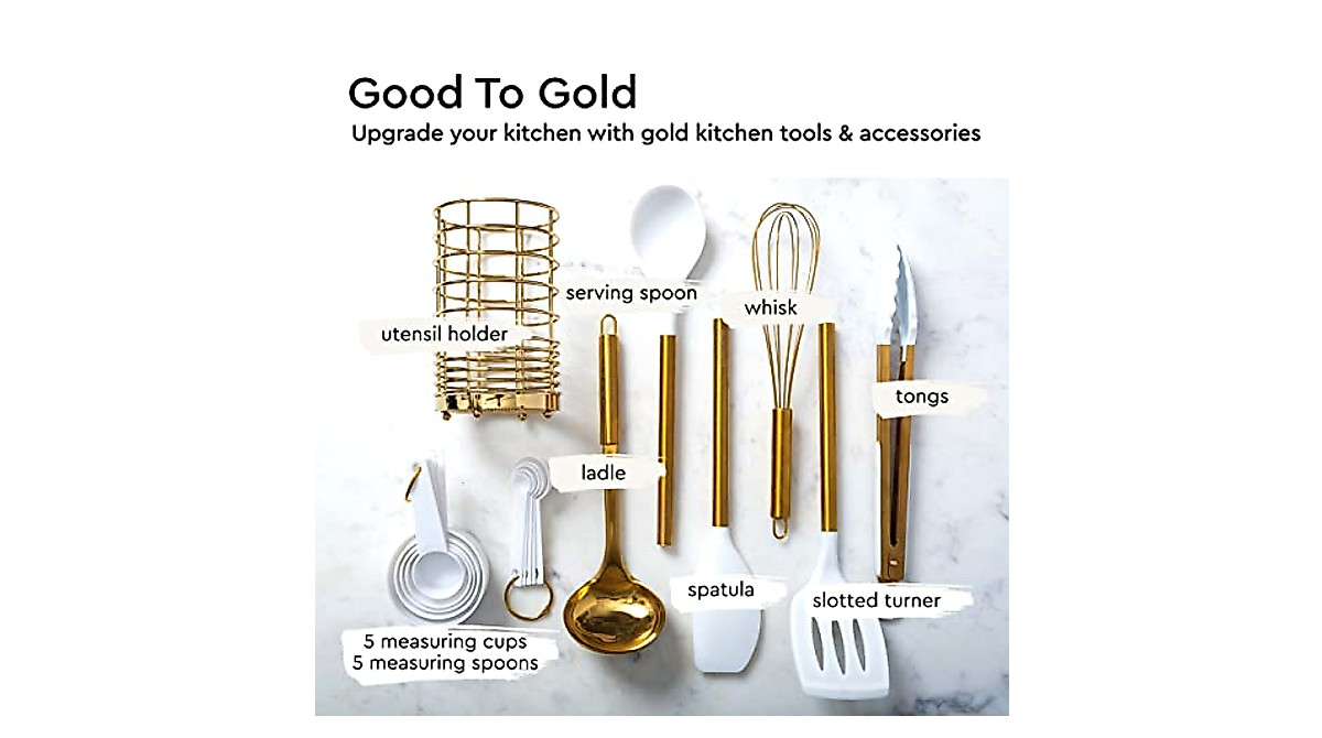 White Silicone & Gold Cooking Utensils Set - Stylish 17-Piece Kitchen Gift