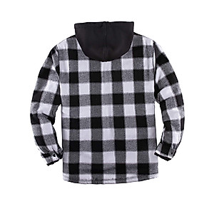 ZENTHACE Men's Sherpa Lined Full Zip Hooded Plaid Shirt Jacket Black/Grey XXL