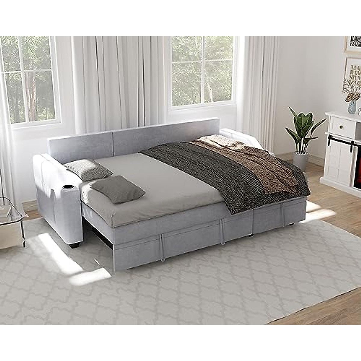 Ucloveria Reversible Sectional Sofa Couch, 82" Sleeper Sofa Bed with Storage Chaise Pull Out Couch Bed for Living Room L-Shape Lounge 2 in 1 Futon Sofa with Two Cup Holder, Grey