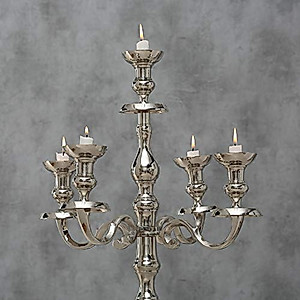 WHW Whole House Worlds Romantic Hamptons Oversized 5 (Five) Candle Silver Candelabra, Hand Crafted of Silver Aluminum Nickel, Over 3 FT High, (41.25 Inches) Free Standing Floor Unit