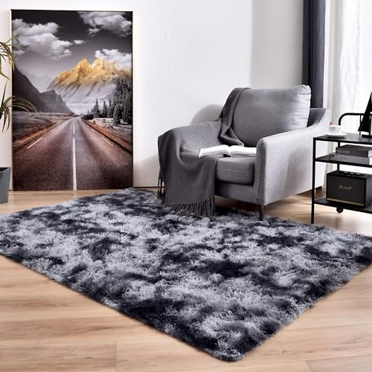 Temedara 5x7 Area Rugs for Bedroom,Shag Fuzzy Soft Carpet,Dark Gray Plush Shaggy Bedside Rug,Indoor Non-Slip Shag Living Room Rug for Kids Boys College Dorm Home Decor Tie-Dyed Dark Grey